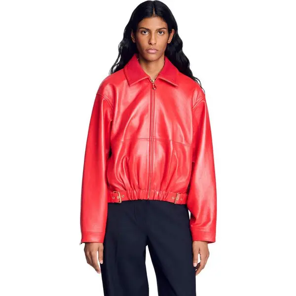 Sandro Leather Zip-up Jacket With Ribbed Collar
