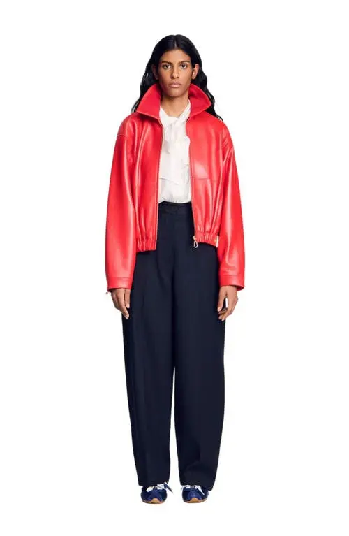 Sandro Leather Zip-up Jacket With Ribbed Collar