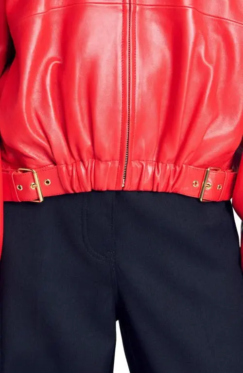 Sandro Leather Zip-up Jacket With Ribbed Collar