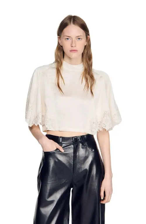 Sandro Satin Cape-effect Crop Top - Ecru