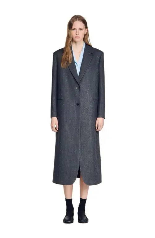 Sandro Long Wool Coat With Rhinestones - Dark Grey