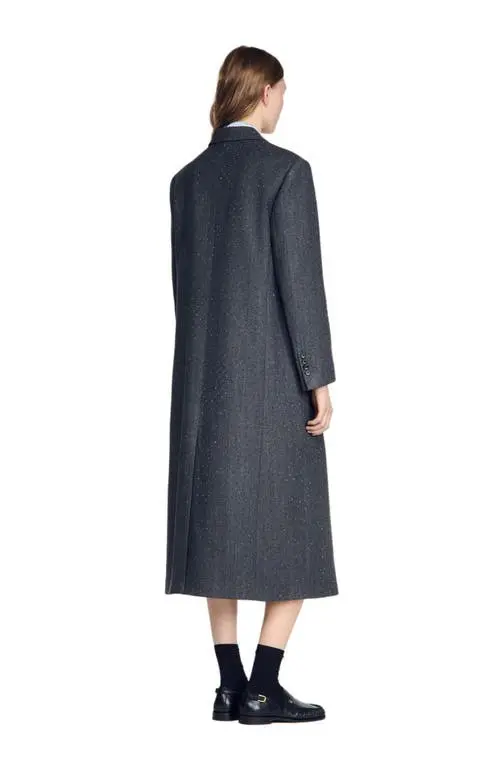 Sandro Long Wool Coat With Rhinestones