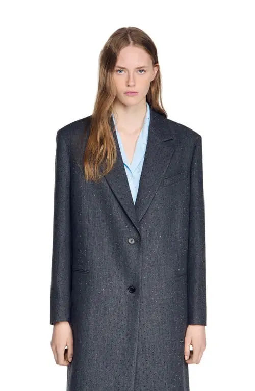 Sandro Long Wool Coat With Rhinestones