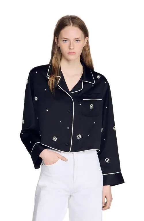 Sandro Pyjama-style Shirt With Pearl And Rhinestone Embellishments