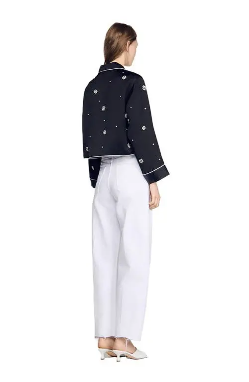 Sandro Pyjama-style Shirt With Pearl And Rhinestone Embellishments