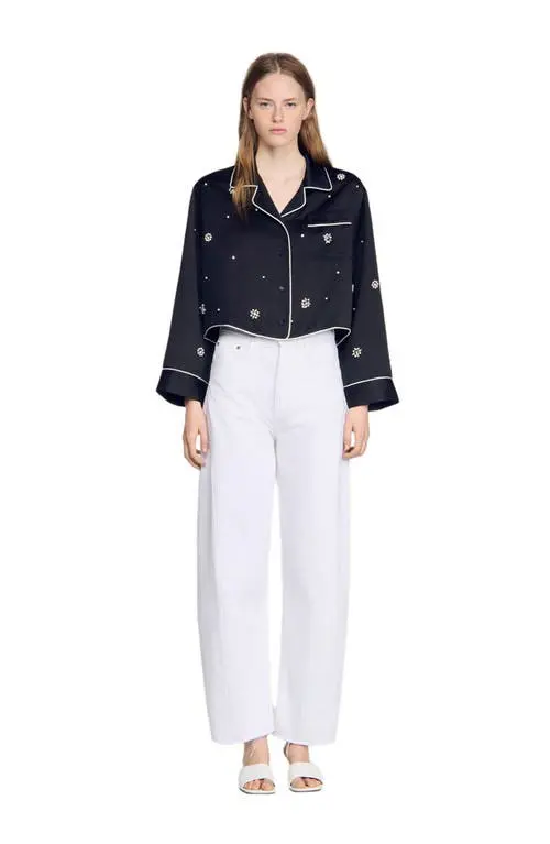 Sandro Pyjama-style Shirt With Pearl And Rhinestone Embellishments