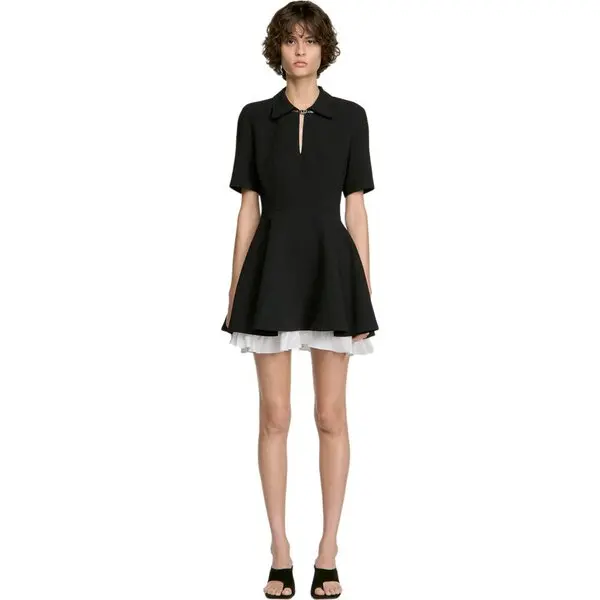 Sandro Short Contrast Skater Dress With Buckle Belt - Black
