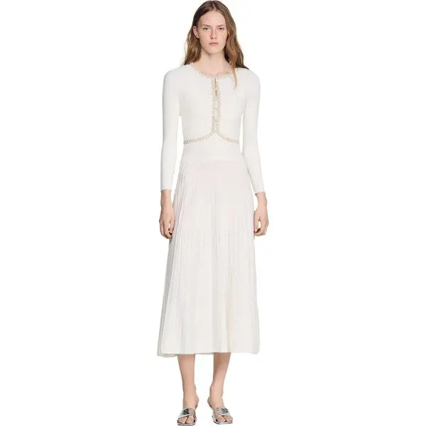 Sandro Cropped Pearl And Strass Cardigan - White