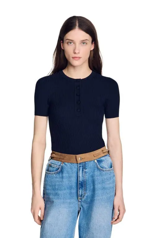 Sandro Ribbed Short-sleeve Knit Sweater With Button Placket