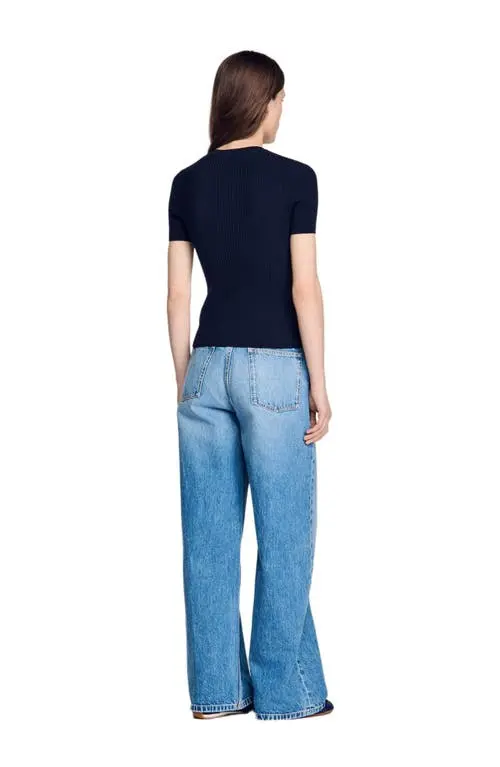 Sandro Ribbed Short-sleeve Knit Sweater With Button Placket