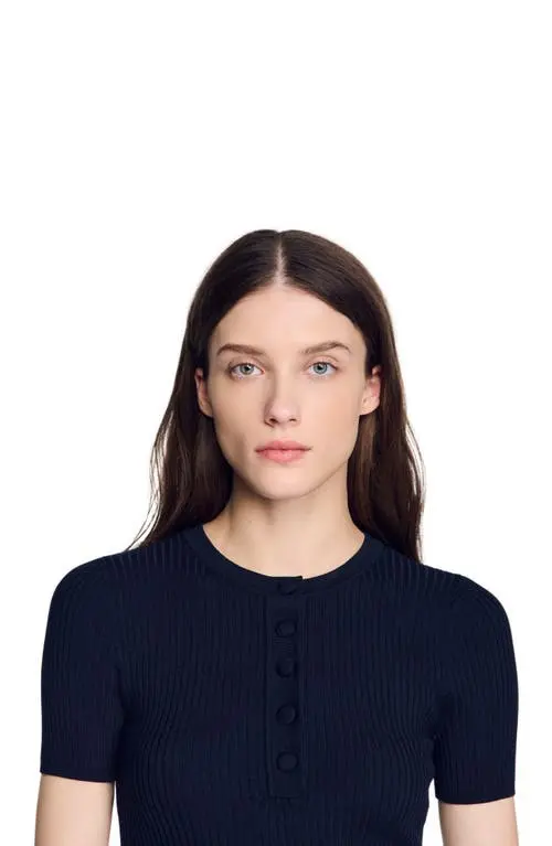 Sandro Ribbed Short-sleeve Knit Sweater With Button Placket