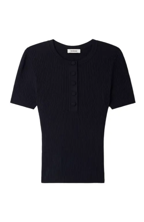 Sandro Ribbed Short-sleeve Knit Sweater With Button Placket