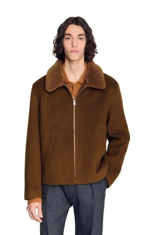 Sandro Virgin Wool And Cashmere Jacket With Shearling Collar - Camel