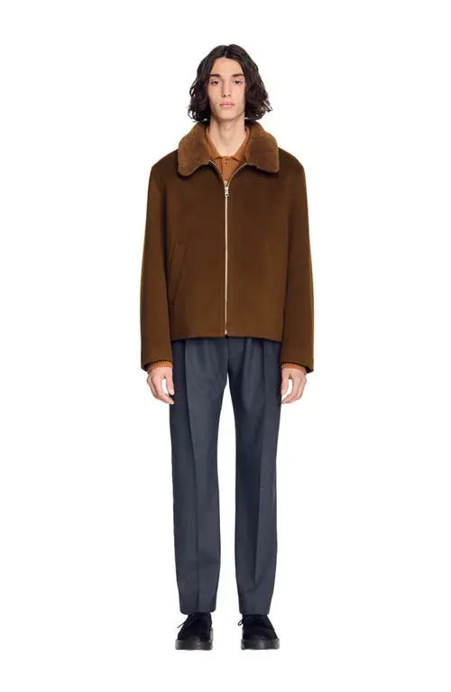 Sandro Virgin Wool And Cashmere Jacket With Shearling Collar