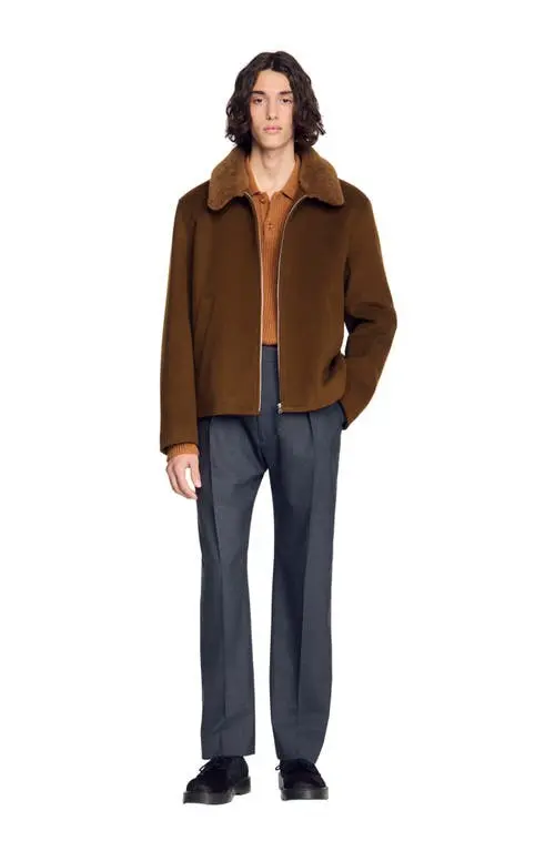 Sandro Virgin Wool And Cashmere Jacket With Shearling Collar