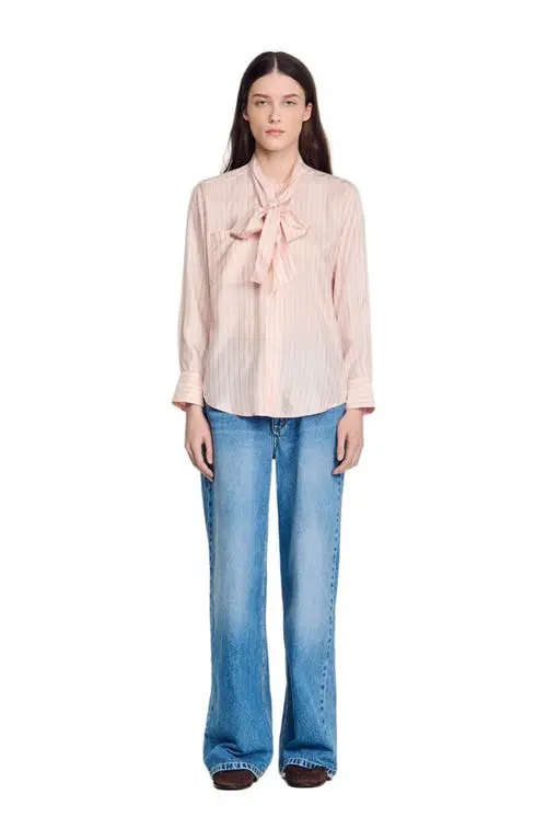 Sandro Striped Tie-neck Shirt - Light Pink