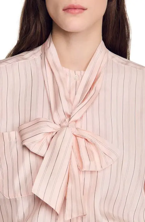 Sandro Striped Tie-neck Shirt - Light Pink