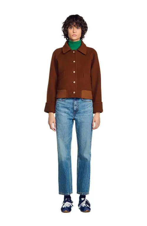 Sandro Short Wool Coat With Flap Pockets - Camel