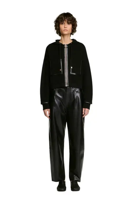 Sandro Hooded Cardigan With Leather Details - Black