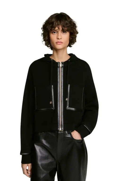 Sandro Hooded Cardigan With Leather Details
