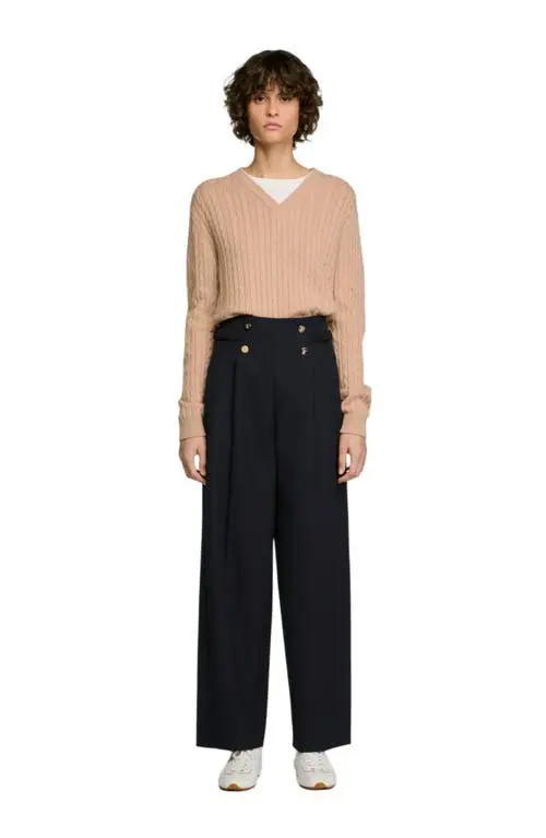 Sandro Buttoned Wide-leg Wool Trousers - Navy Blue