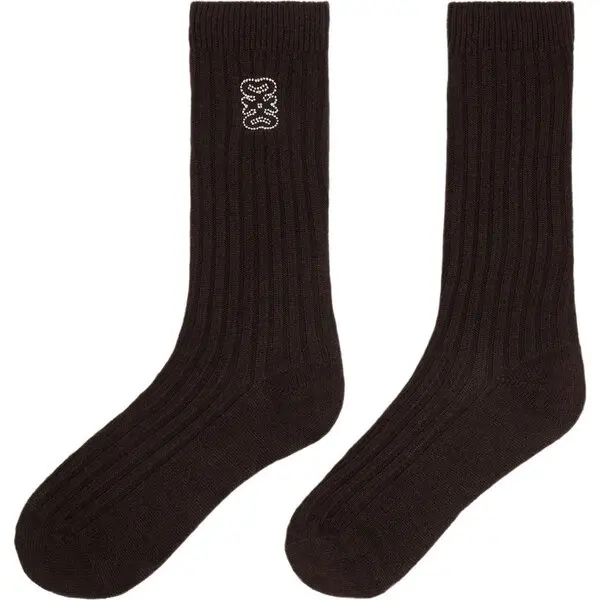 Sandro Ribbed Crew Socks With Embroidered Logo - Black Brown