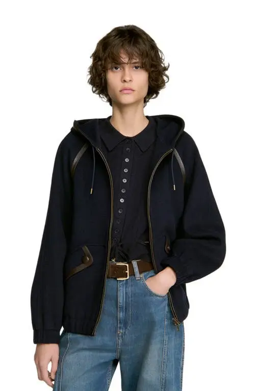 Sandro Hooded Wool And Leather Coat