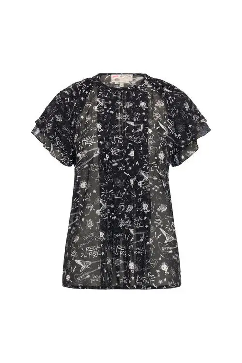 MAISON COMMON Printed Silk Geogette Blouse - Black