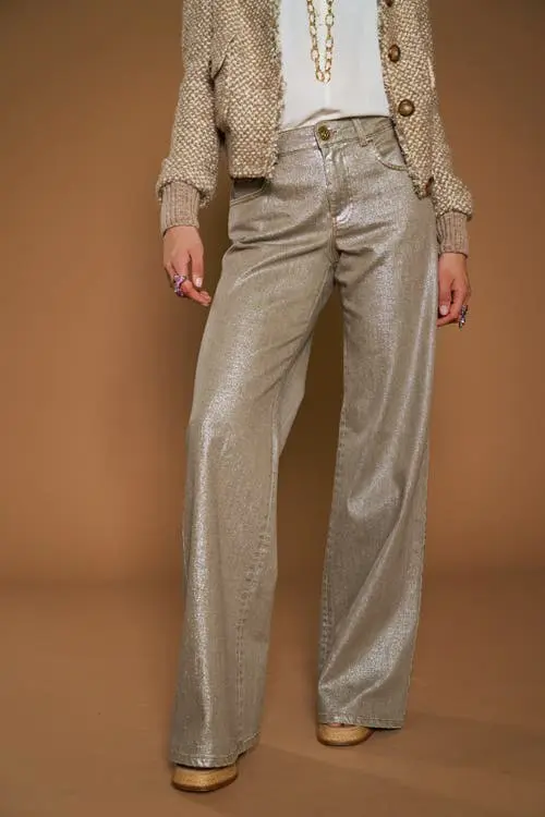 MAISON COMMON Shiny Silver Finish Bootleg Jeans
