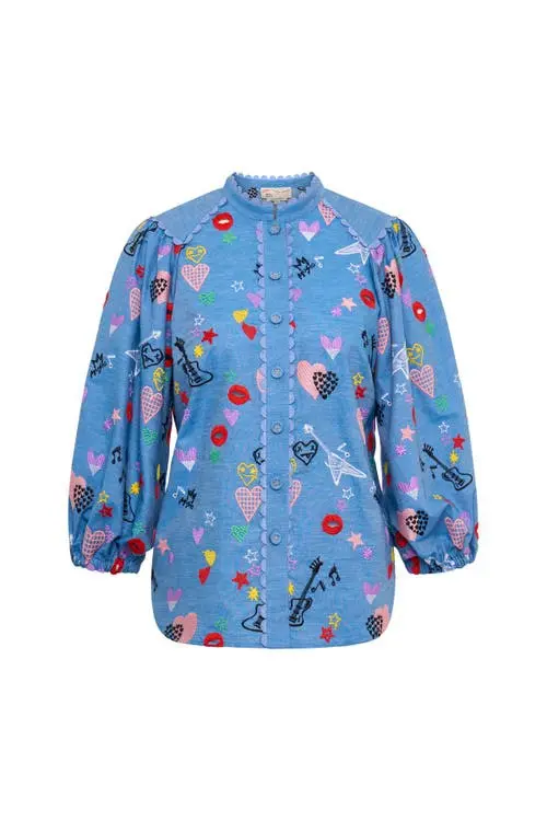 MAISON COMMON Embroidered Balloon Sleeve Blouse - Jeansblue
