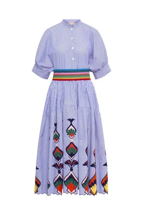 MAISON COMMON Embroidered Striped Cotton Dress - White/blue Multicolo