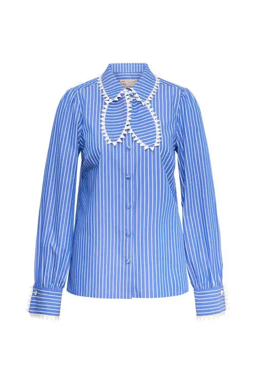 MAISON COMMON Striped Cotton Blouse With Macrame Trim And Bow Detail