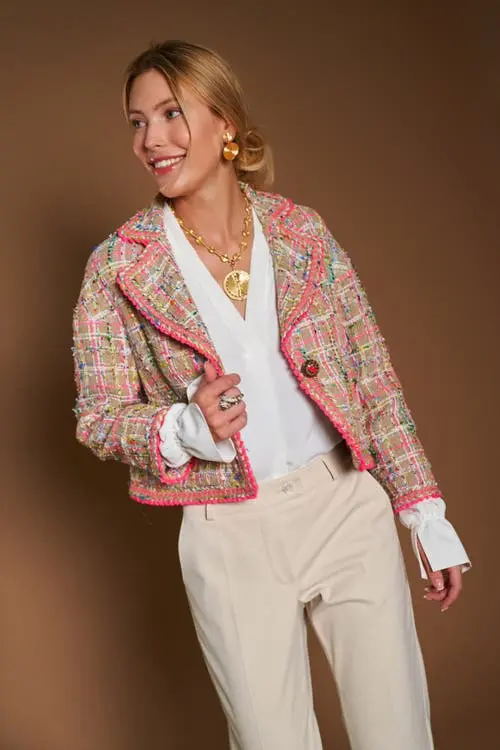 MAISON COMMON Plaid Tweed Jacket With Neon Trimming