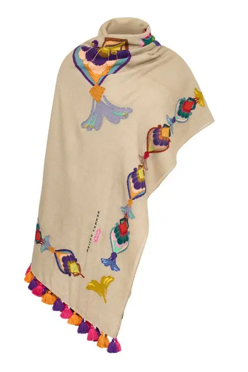 MAISON COMMON Hand Embroidered Scarf With Tassels - Sand Multicolour