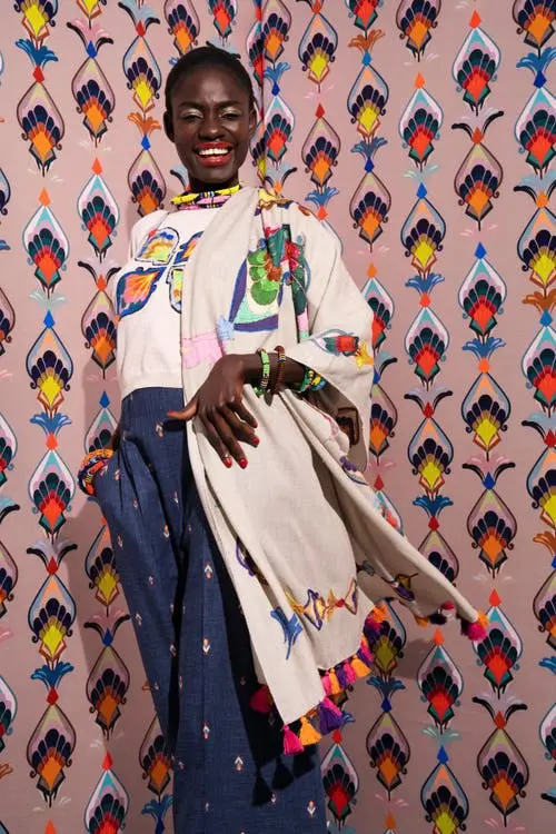 MAISON COMMON Hand Embroidered Scarf With Tassels