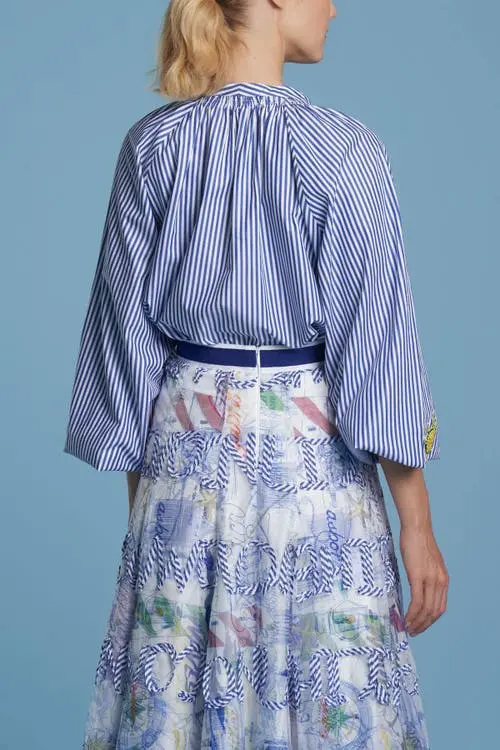 MAISON COMMON Striped Blouse With Applique And Balloon Sleeves