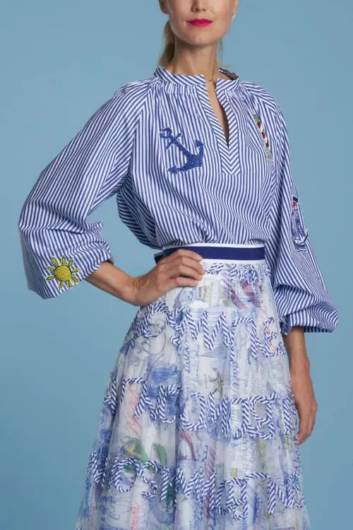 MAISON COMMON Striped Blouse With Applique And Balloon Sleeves