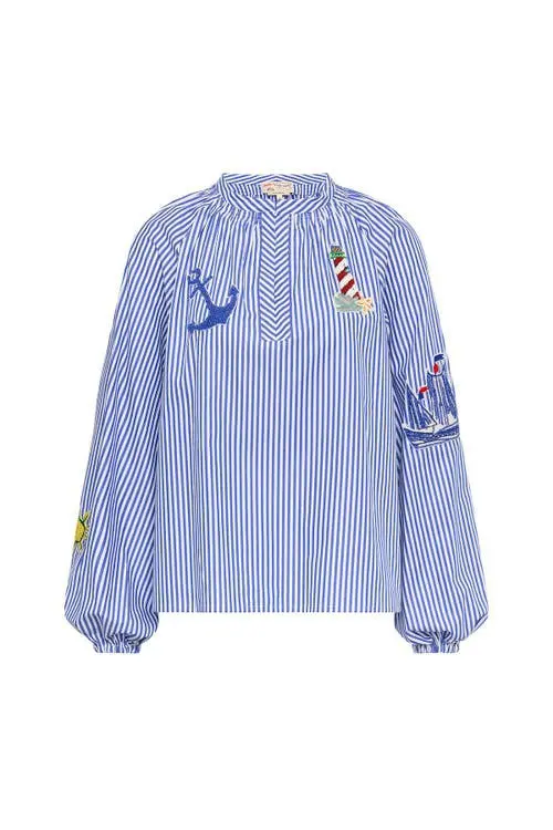 MAISON COMMON Striped Blouse With Applique And Balloon Sleeves