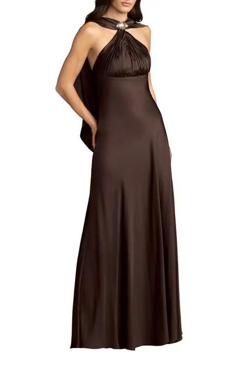 Mac Duggal Charmeuse Cowl Back Halter Neck Gown - Chocolate