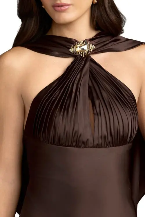 Mac Duggal Charmeuse Cowl Back Halter Neck Gown