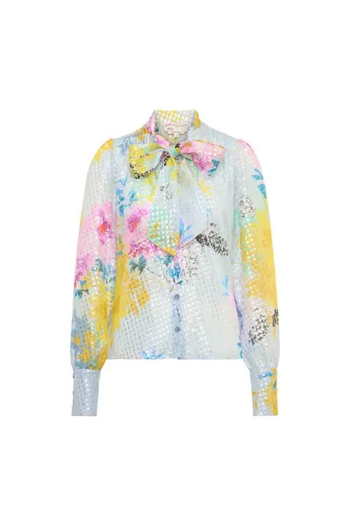 MAISON COMMON Silk Georgette Tie Neck Blouse With Metallic Accents
