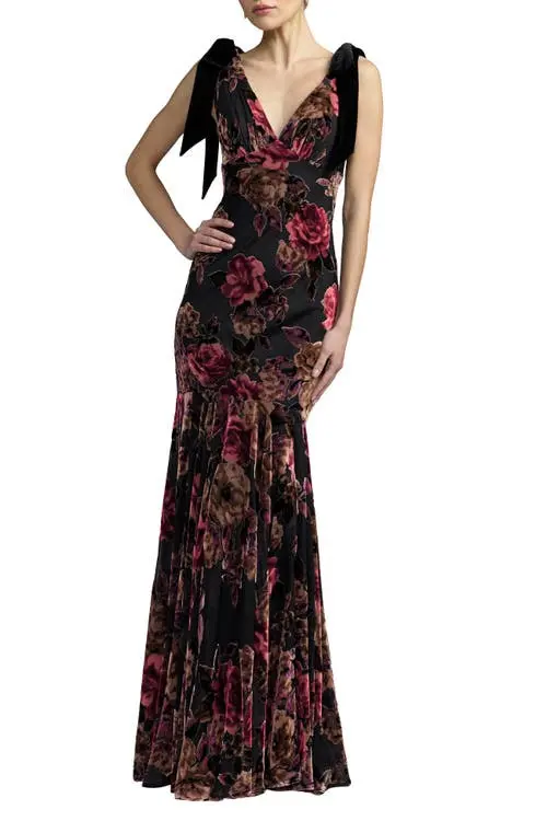 Mac Duggal Floral Velvet Mermaid Gown With Bows - Black Multi