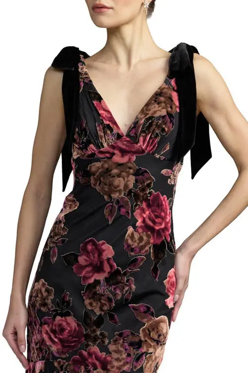 Mac Duggal Floral Velvet Mermaid Gown With Bows
