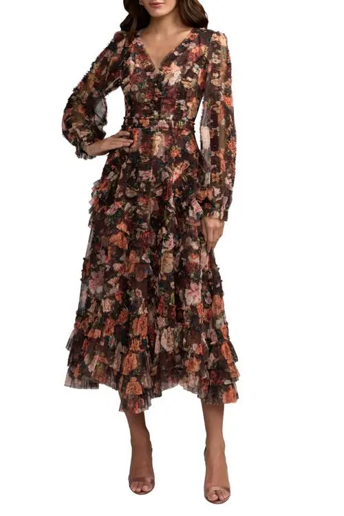 Mac Duggal Multicolor Floral Long Sleeve Micro Ruffle Midi Dress - Chocolate Multi