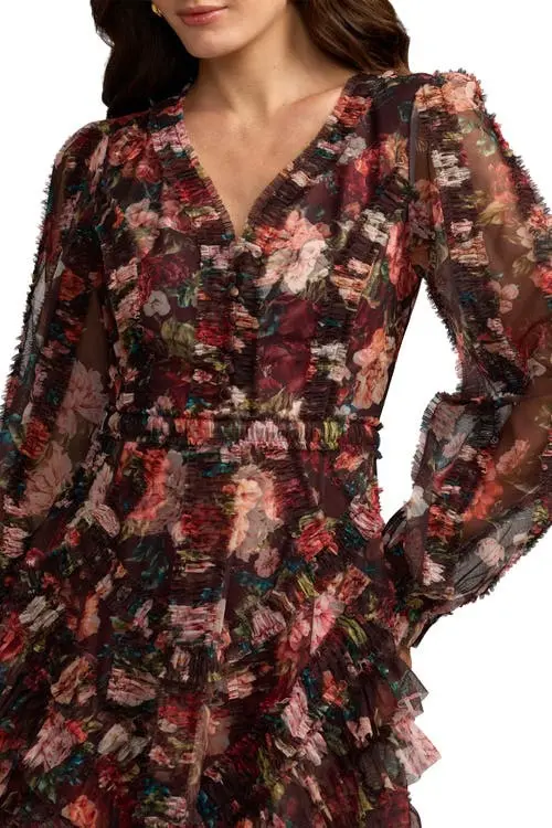 Mac Duggal Multicolor Floral Long Sleeve Micro Ruffle Midi Dress