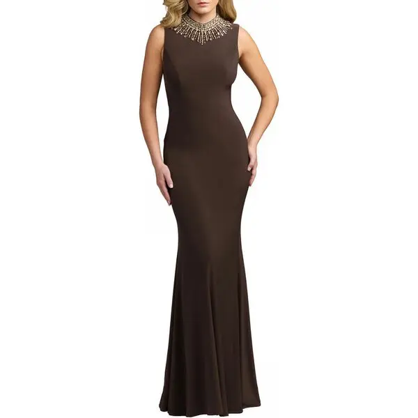 Mac Duggal Sleeveless Rhinestone Embellished High Neck Gown - Chocolate