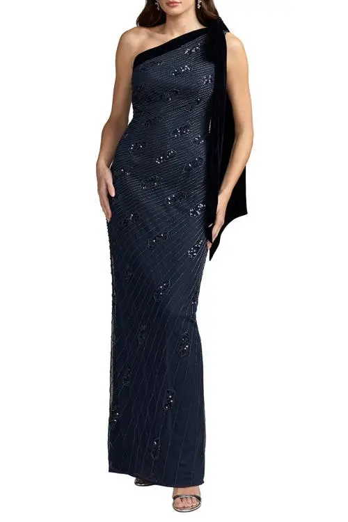 Mac Duggal Beaded One Shoulder Gown With Velvet Bow - Midnight