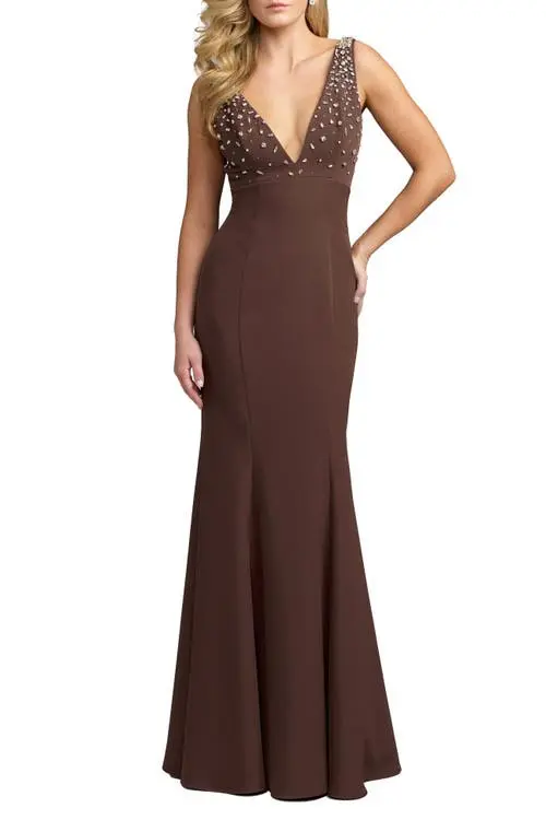 Mac Duggal Embellished Crepe Sleeveless V-neck Gown - Chocolate