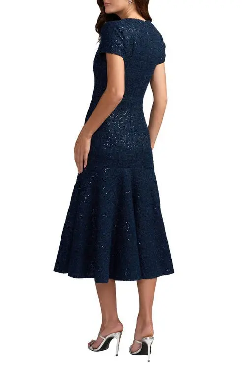 Mac Duggal Sequin Tweed Short Sleeve A-line Midi Dress