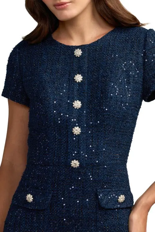 Mac Duggal Sequin Tweed Short Sleeve A-line Midi Dress